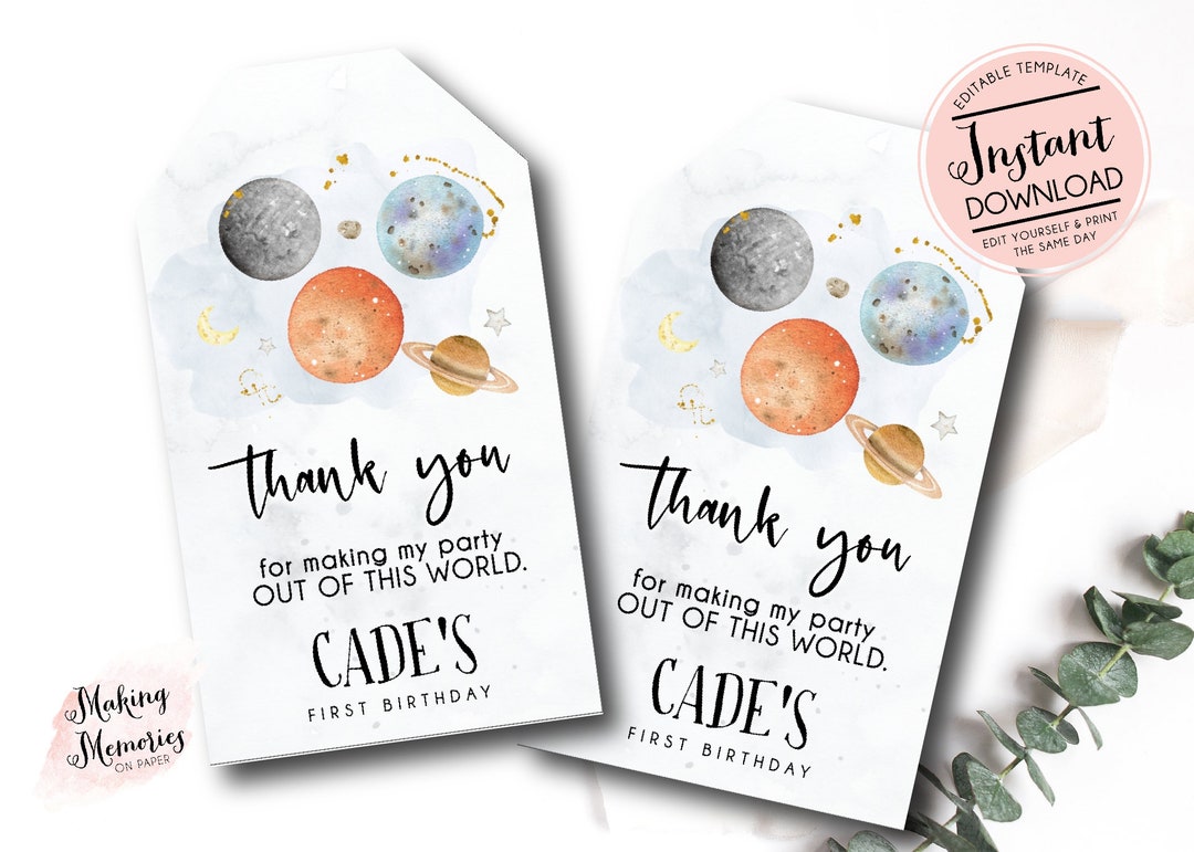 Editable Outer Space Favor Tags, First Trip Around the Sun Favor Tags ...