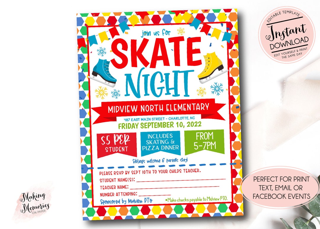 Ice Skate Night Flyer, PTO Fundraiser, School Ice Skating Night ...