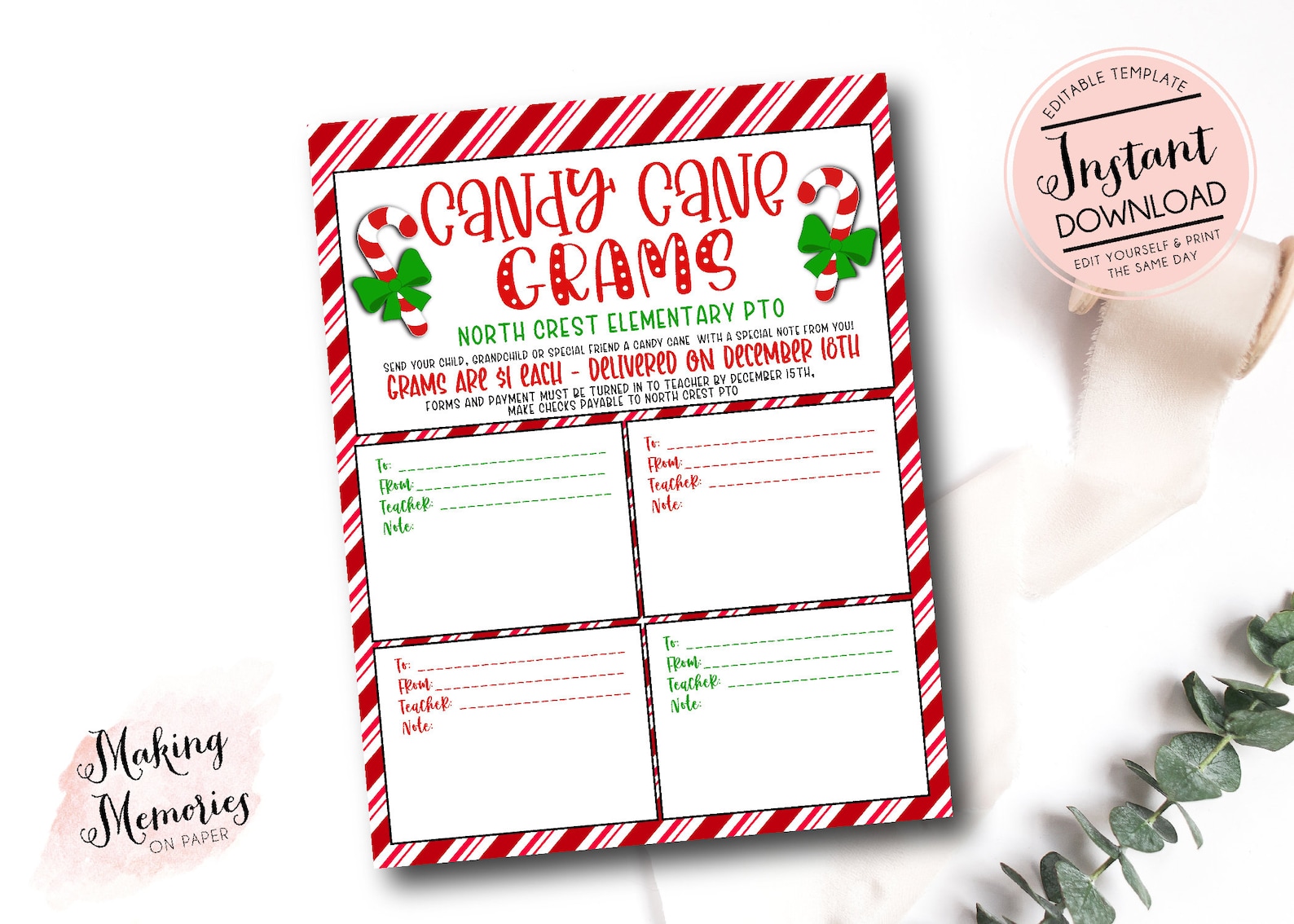 Christmas Candy Gram Template Candy Cane Gram School Candy - Etsy