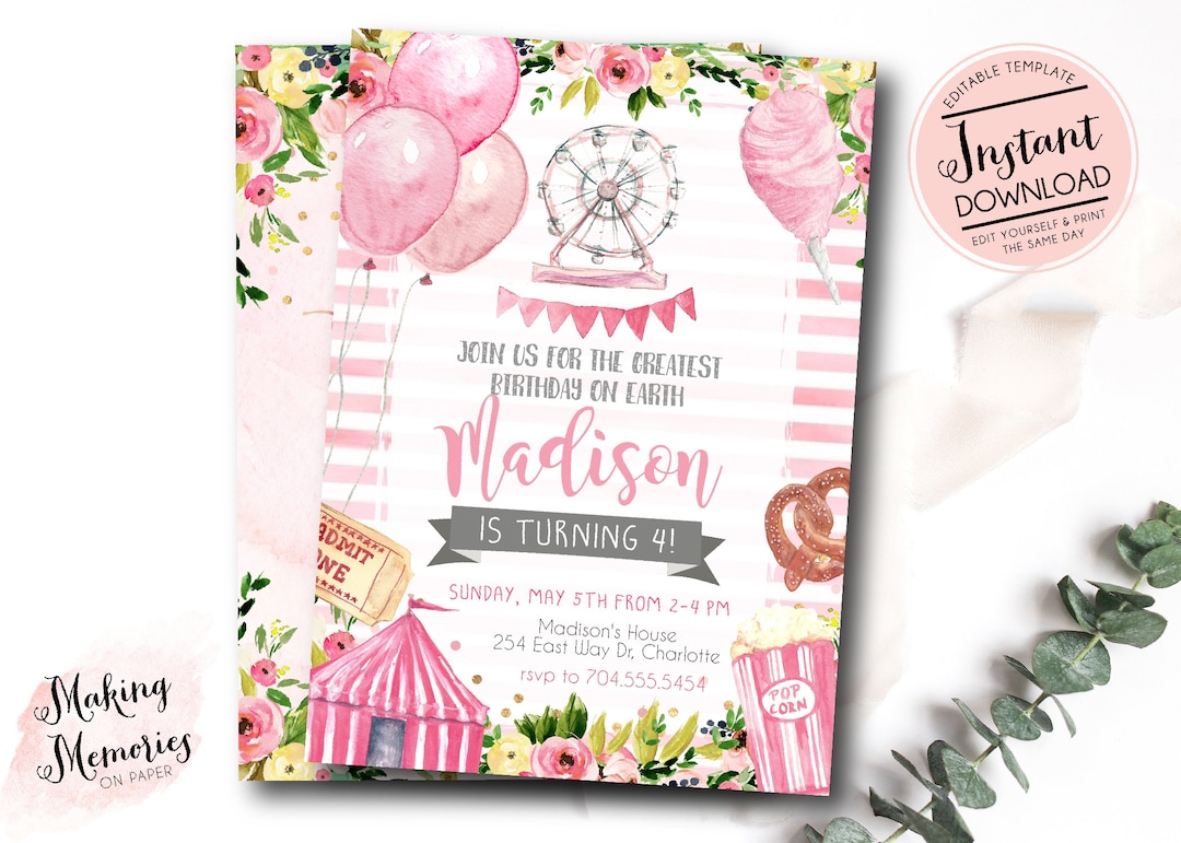 Pink Carnival Birthday Invitation, Girl Circus Birthday Invitation ...