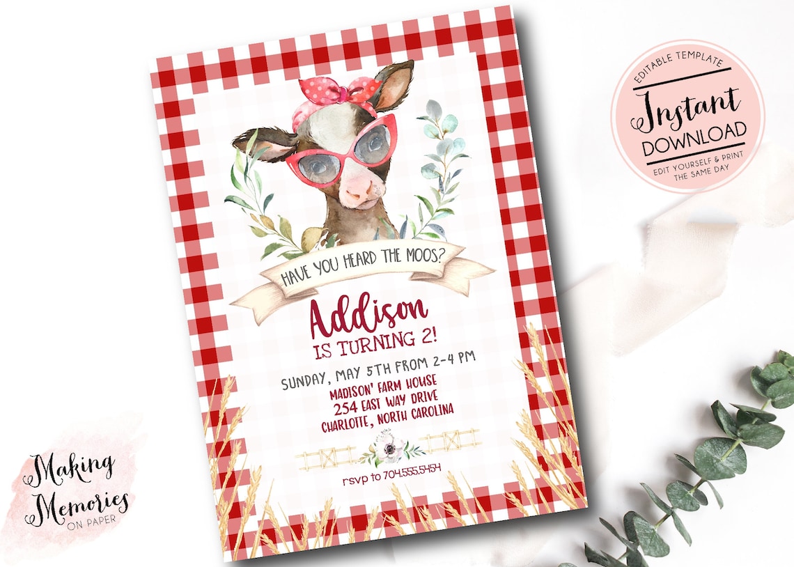 Cow Birthday Invitation, Cow Birthday Party Invite, Girl Farm Theme ...