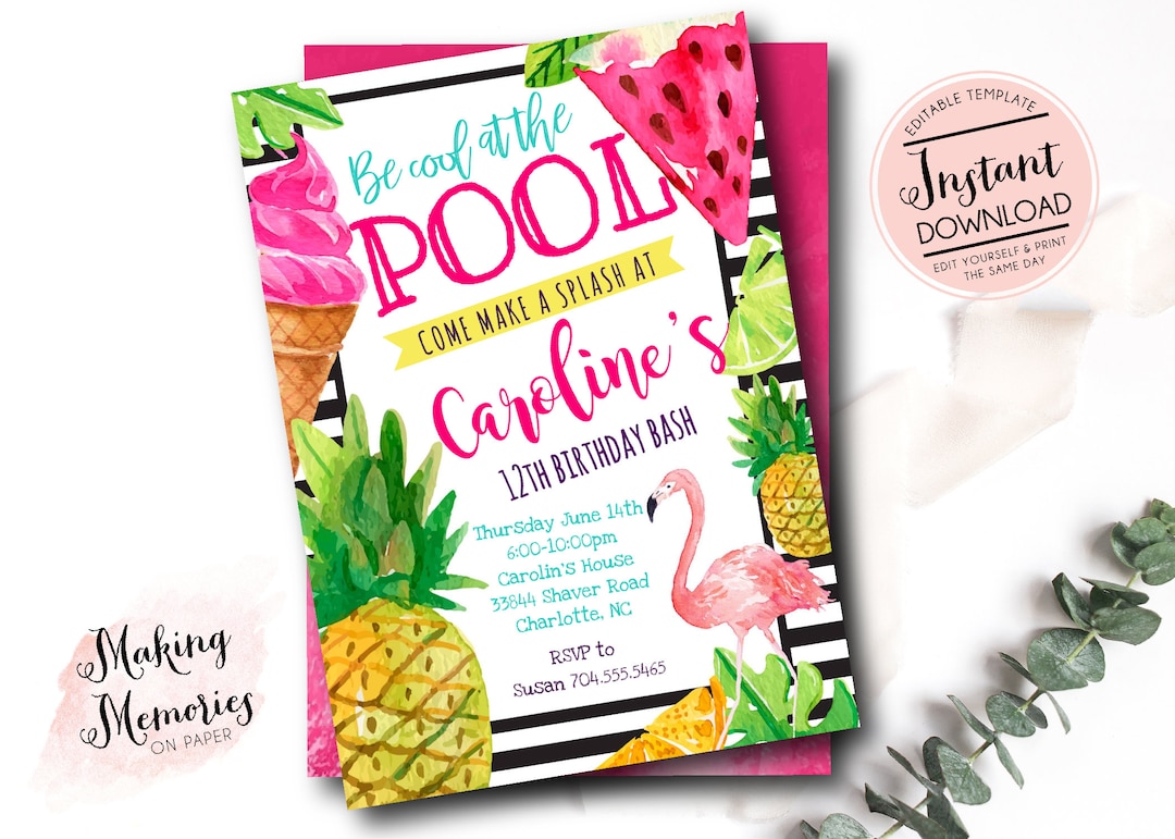 Pool Party Invitation, Tropical Pool Party, Birthday Invitation ...