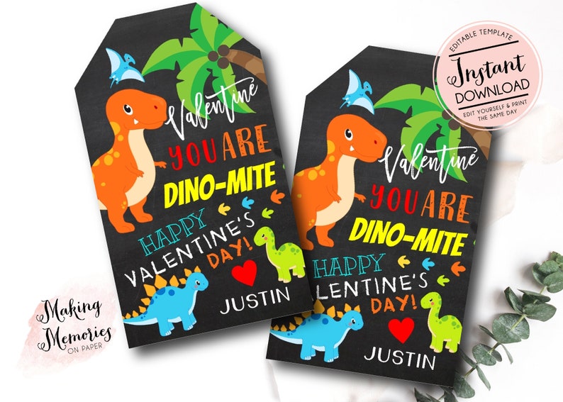 Valentine Dinosaur Tags Boy Valentine Tag You Are Dino-mite | Etsy