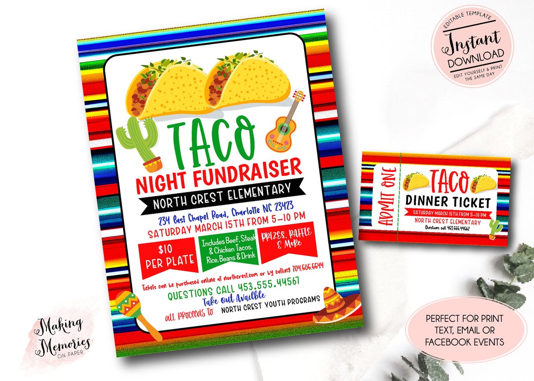 Taco Dinner Flyer, Editable Mexican Night Fundraiser Invite, Pto Pta ...