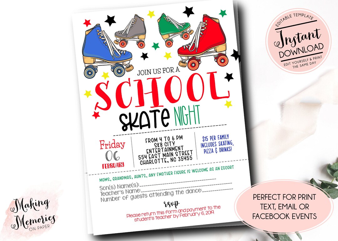 Skate Night Flyer, PTO Fundraiser, School Skate Night Editable ...