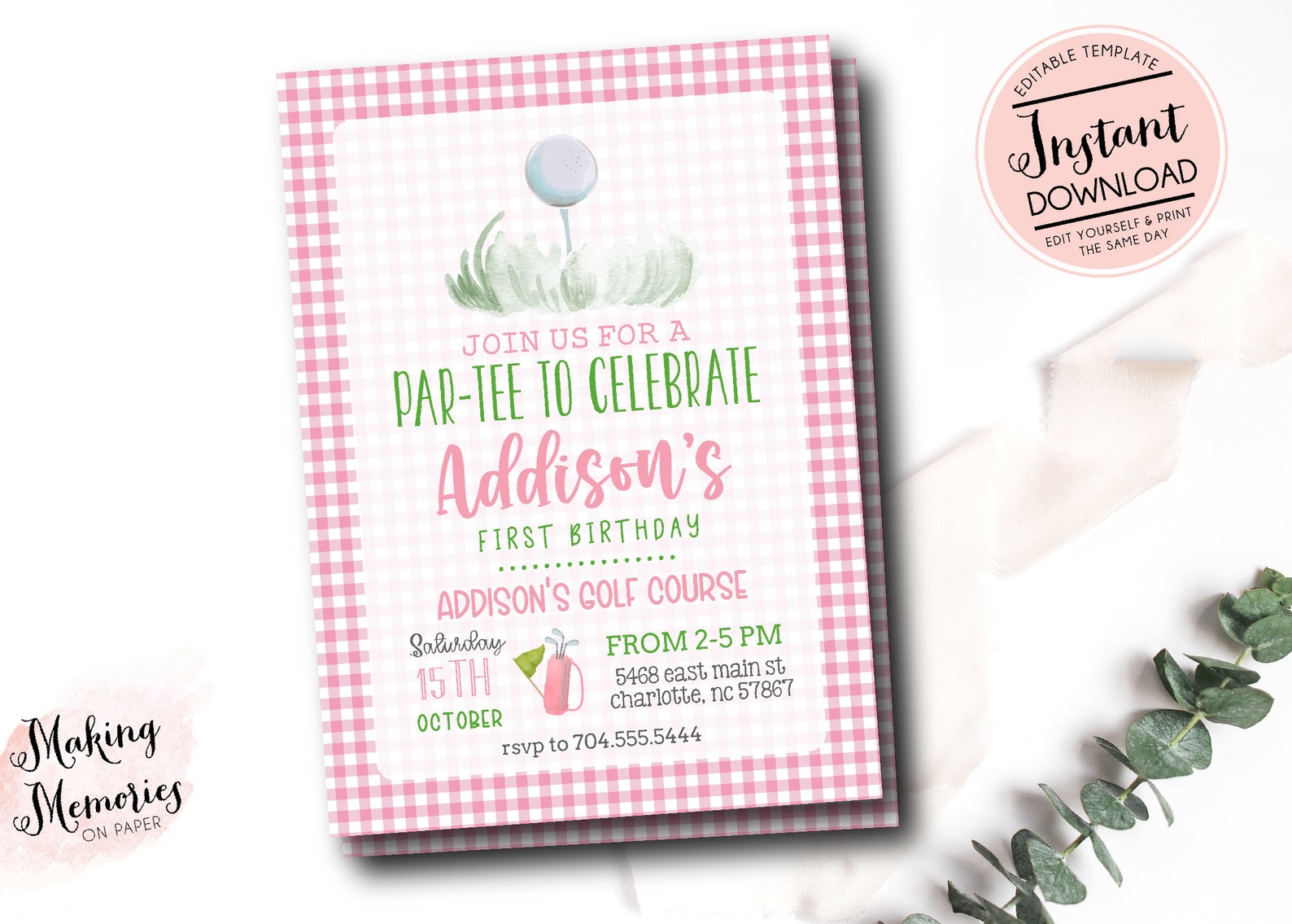 Golf Birthday Invitation Template, Pink Golf First Birthday Invitation ...