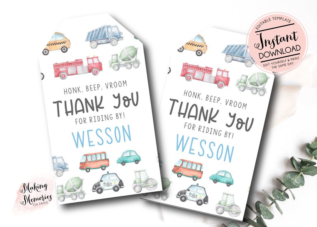 Editable Transportation Favor Tags, Truck Birthday Favor Cards, Car ...