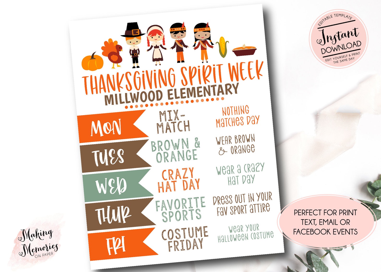 Thanksgiving Spirit Week Flyer Spirit Week Schedule Fall - Etsy