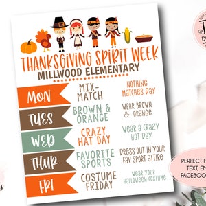 Thanksgiving Spirit Week Flyer, Spirit Week Schedule, Fall Spirit Week ...