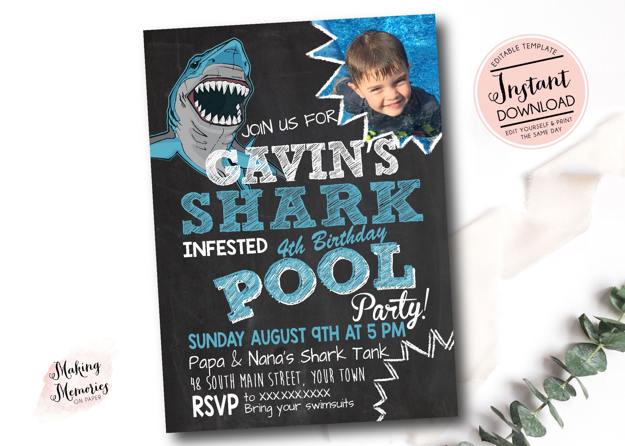 Shark Attack Birthday Printable Invitation - Shark Birthday Party ...