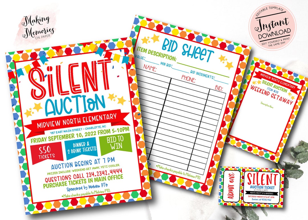 Silent Auction Flyer, Silent Auction Event Fundraiser, PTO Fundraiser ...