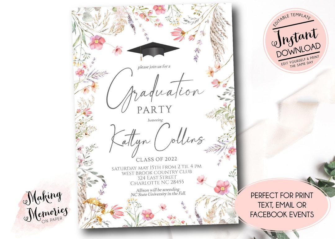 Editable Wildflower Graduation Party Invitation, Graduation ...