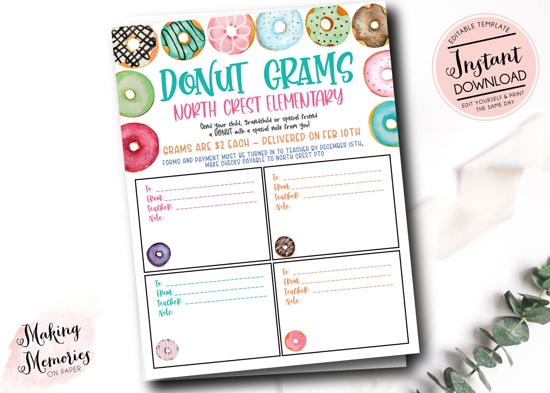 Donut Gram Template School Donut Gram Flyer School - Etsy