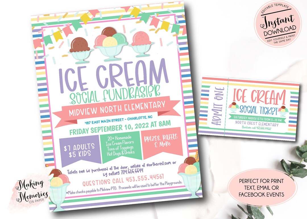 Ice Cream Social Fundraiser Flyer, Ice Cream School Party, Pto Pta ...