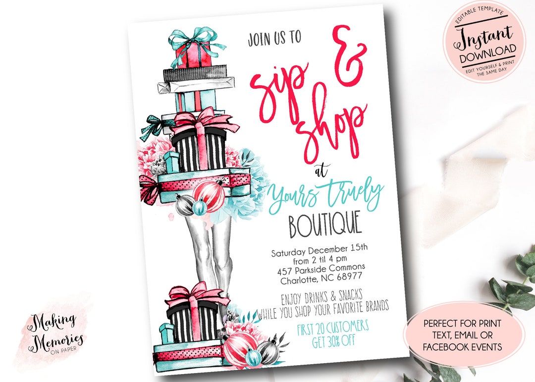 Shop and Sip Holiday Invitation, Sip and Shop Christmas Flyer, Sip ...
