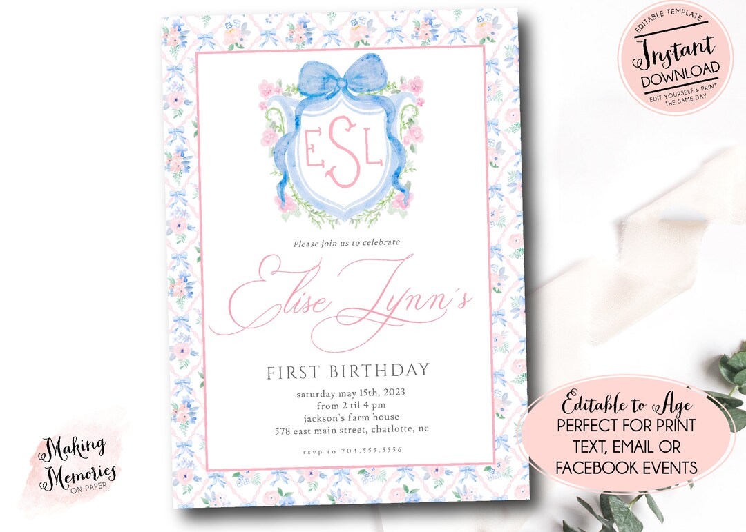 Monogram Crest Birthday Invitation, Watercolor Pink Crest Invitation ...