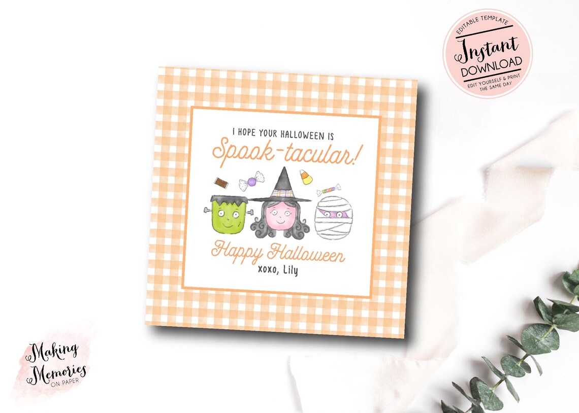 Halloween Candy Favor Tag, Girl Printable Halloween Tag, Gingham ...
