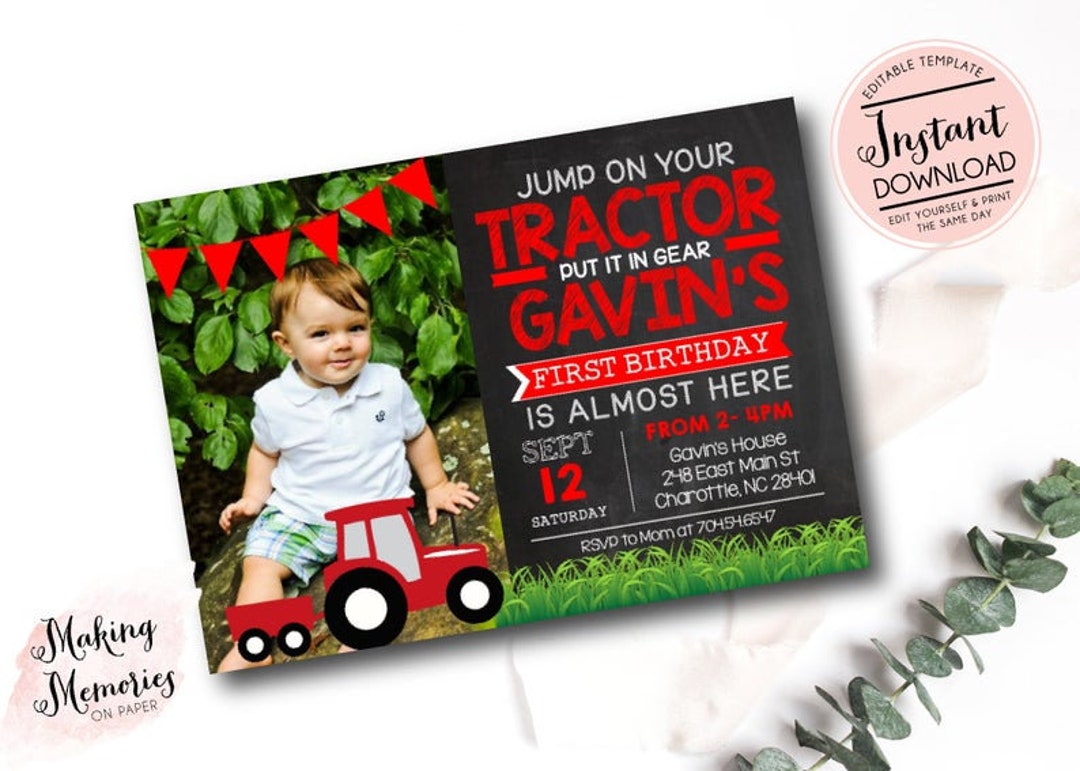 Red Tractor Birthday Invitation, Chalk Farm Birthday Invitation, Red ...