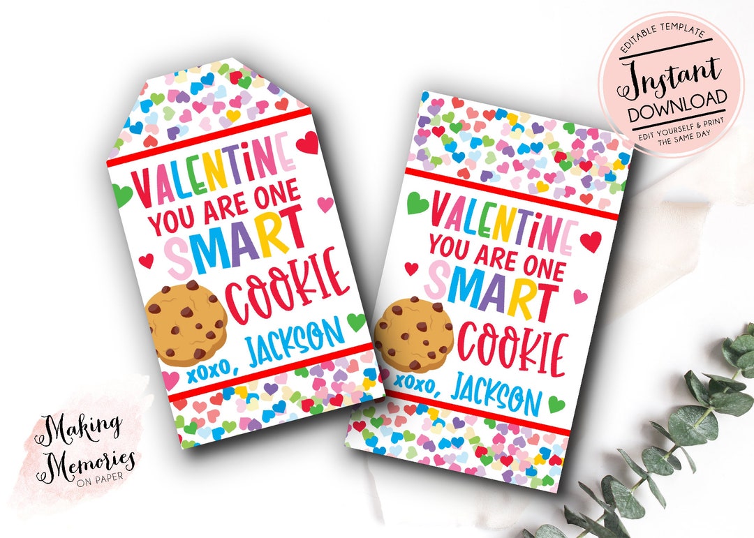 Editable Cookie Valentines Day Tag, One Smart Cookie, Kids Valentine ...