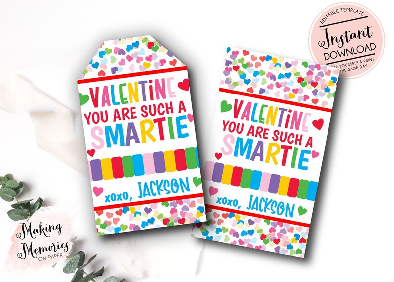Editable Smartie Valentines Day Tag Printable Kids Valentine - Etsy