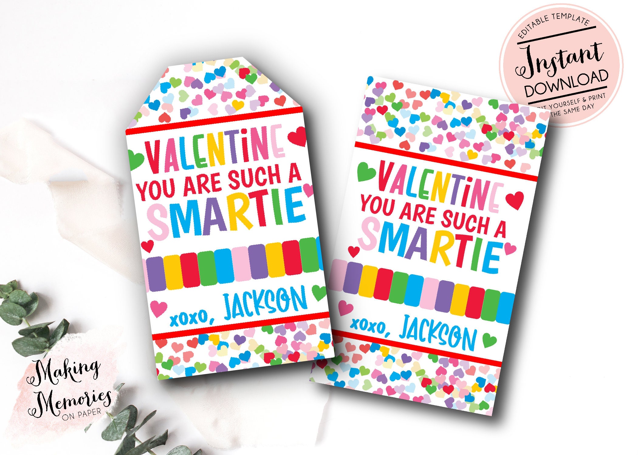 Editable Smartie Valentines Day Tag Printable, Kids Valentine Card ...