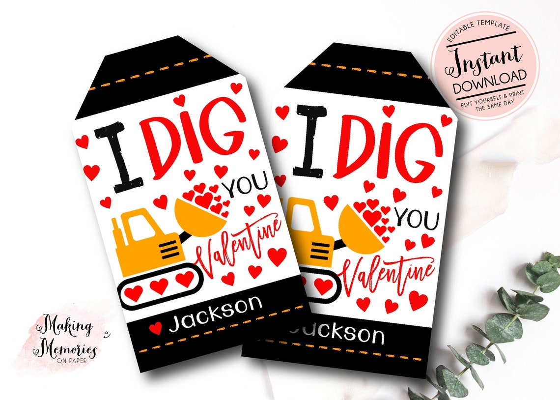 I Dig You Valentine Favor Tag, Tractor Valentine, Boy Valentine, Truck ...