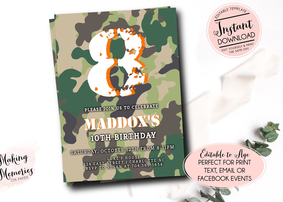 Camo Birthday Invitation, Camo Party, Camo Invite, Hunting Birthday ...