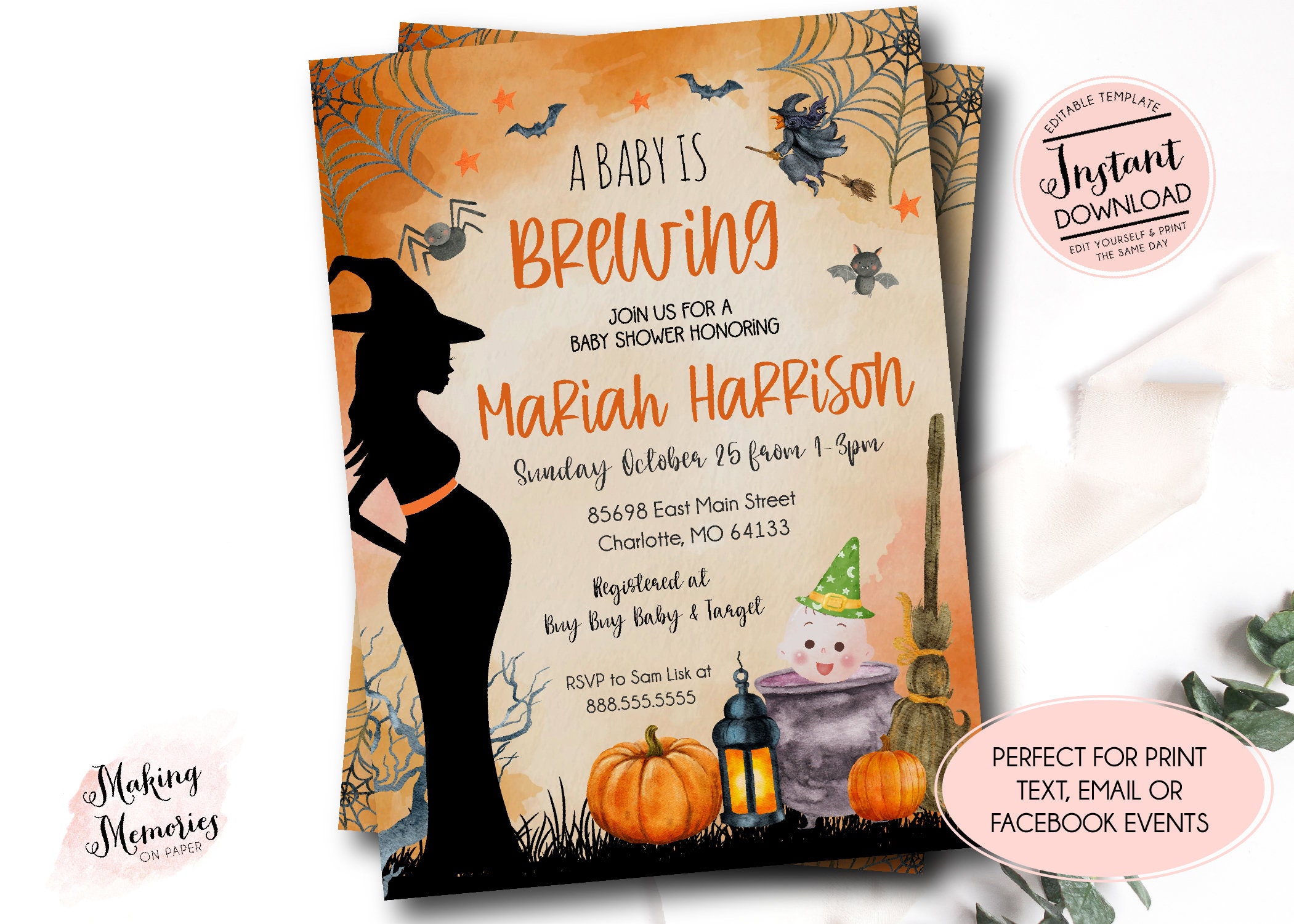 Printable Halloween Baby Shower, A Baby is Brewing Baby Shower, Little ...