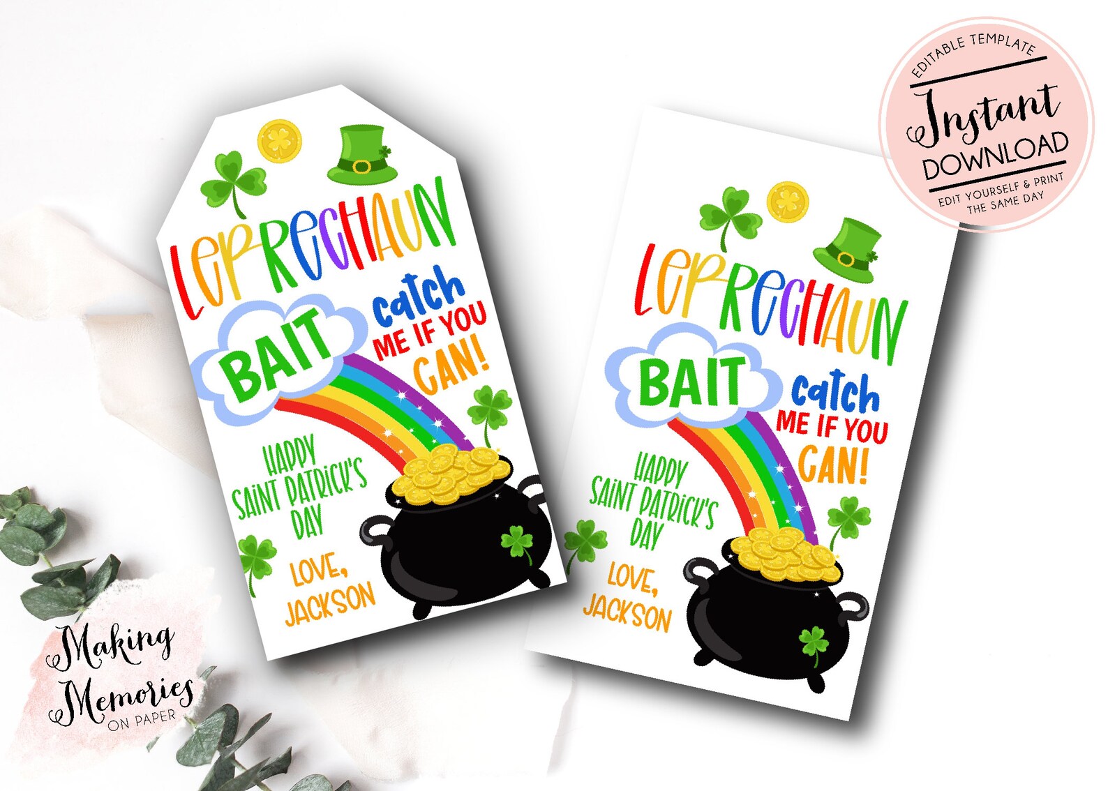 Leprechaun Bait Favor Tag, Pot of Gold Bait Favor Tag, St Patricks Day ...