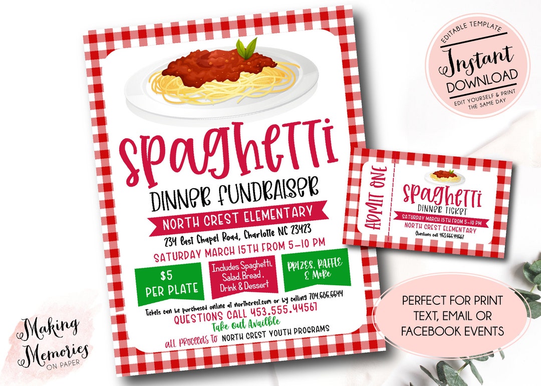 Spaghetti Dinner Flyer Editable Spaghetti Fundraiser Etsy