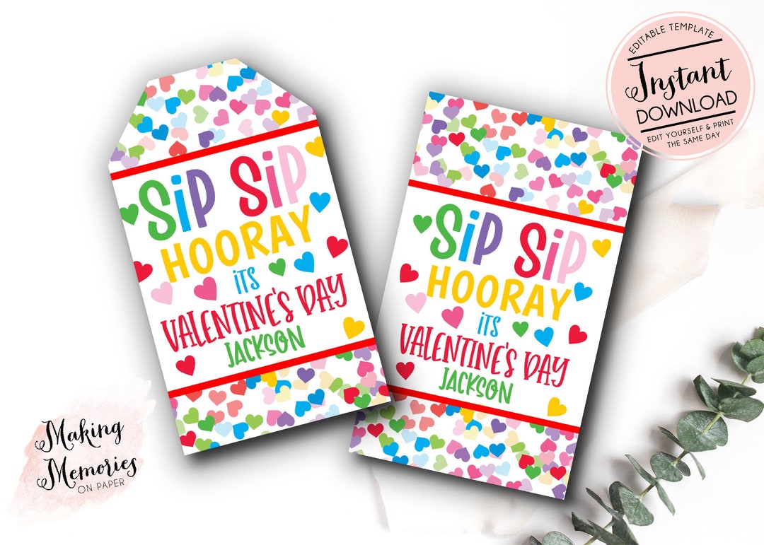 Sip Sip Hooray Valentine Tags, Juice Box Valentine Cards, Straw ...