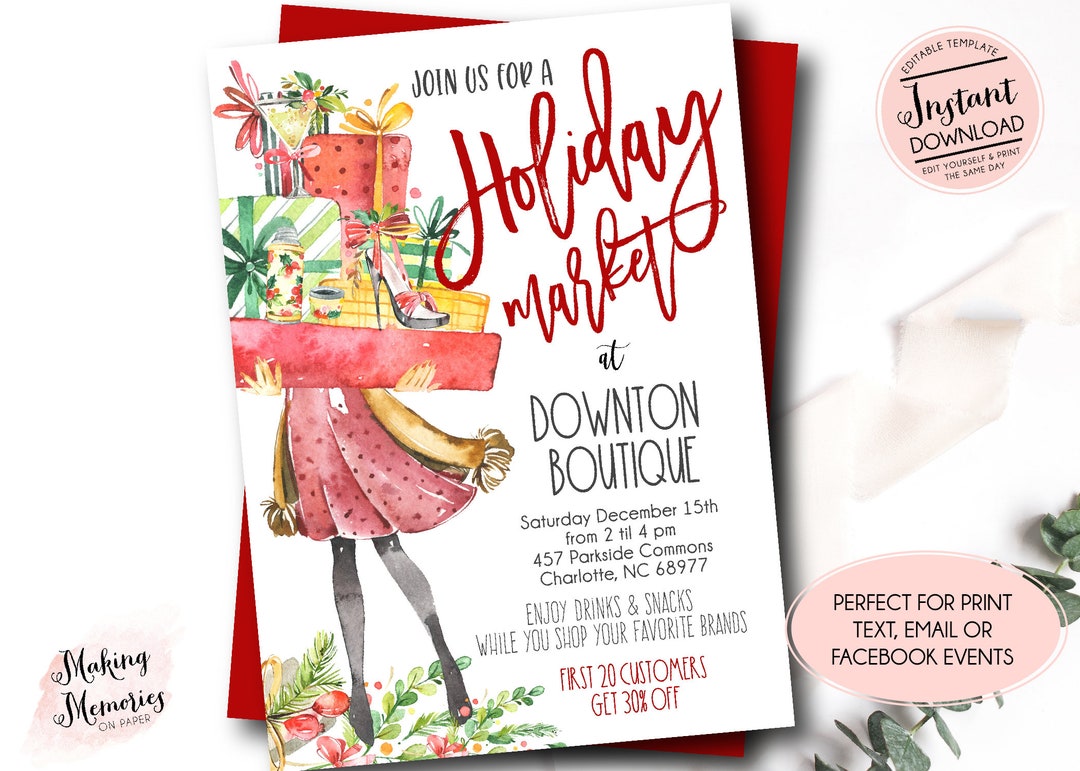 Holiday Market Invitation, Shop and Sip Christmas Invite, Sip & Shop ...