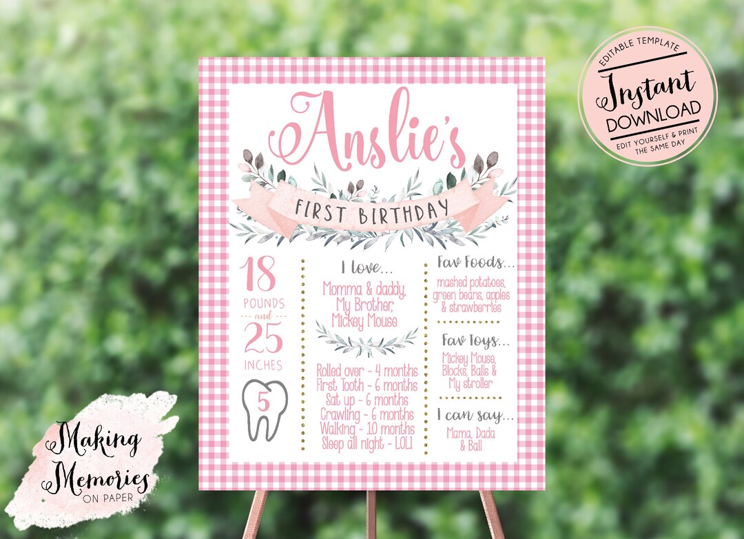 Pink Gingham Birthday Chalkboard Poster, About Me Poster, Memory Board ...