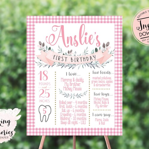 Pink Gingham Birthday Chalkboard Poster About Me Poster | Etsy