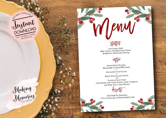 Christmas Menu Greenery Menu Holly Menu Christmas Shower | Etsy