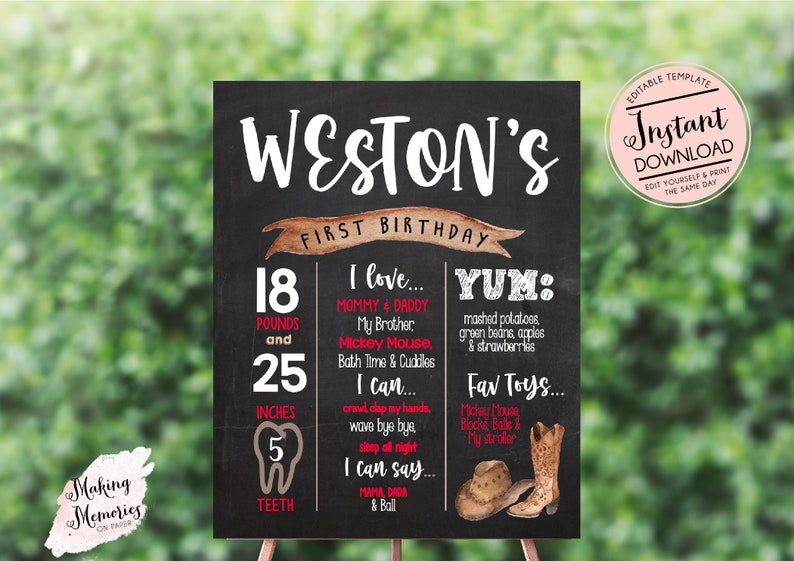 Cowboy First Birthday Chalkboard Western Rodeo Milestone | Etsy