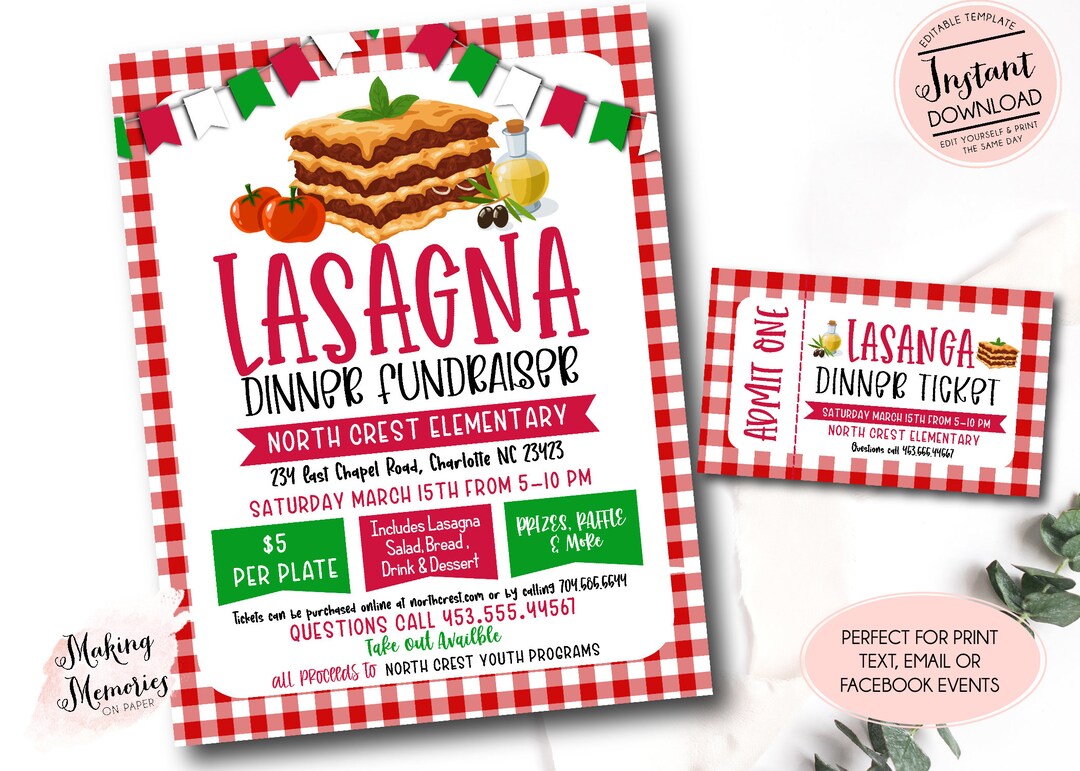Lasagna Dinner Flyer, Editable Lasagna Fundraiser Invitation, Pto Pta ...