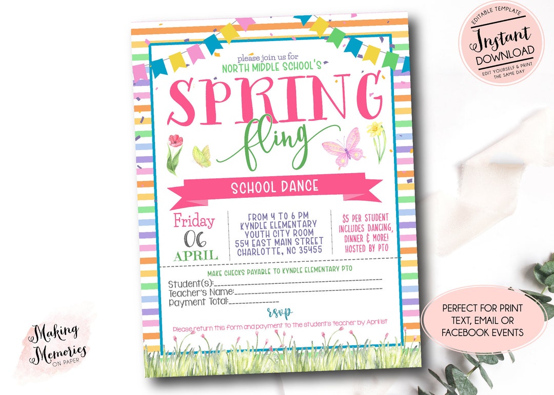 Spring Fling Dance Flyer, School Dance Invite, Editable School Dance ...