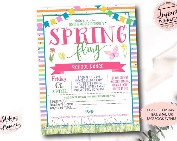EDITABLE Spring Fling School Dance Invitation, Flyer Party Invitation ...