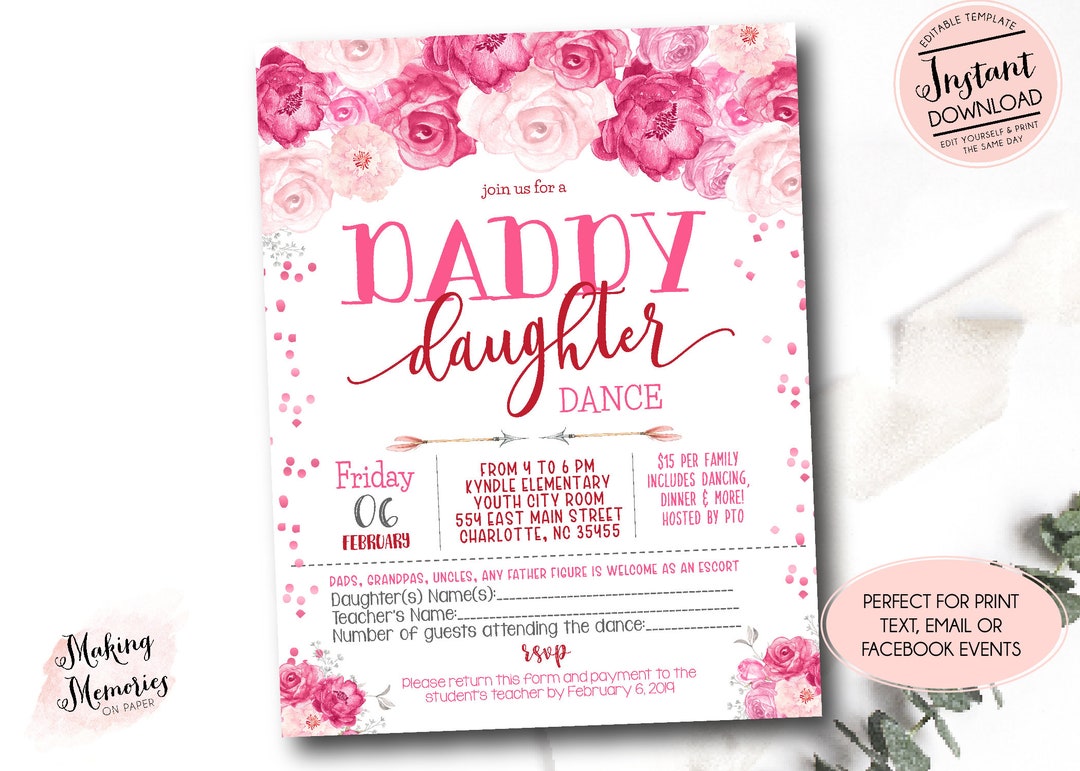 Valentines Day Daddy Daughter Dance Flyer, School Dance Invite ...
