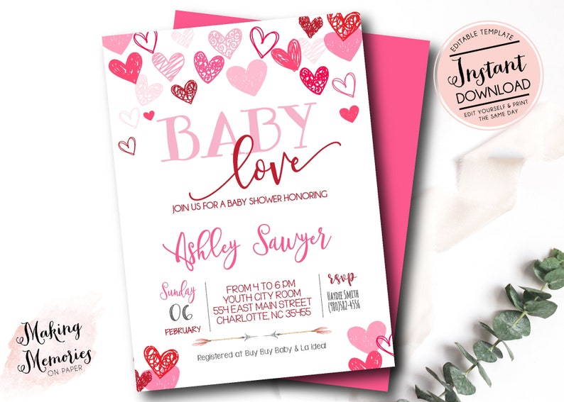 Baby Love Valentines Baby Shower Invitation Hearts Baby - Etsy