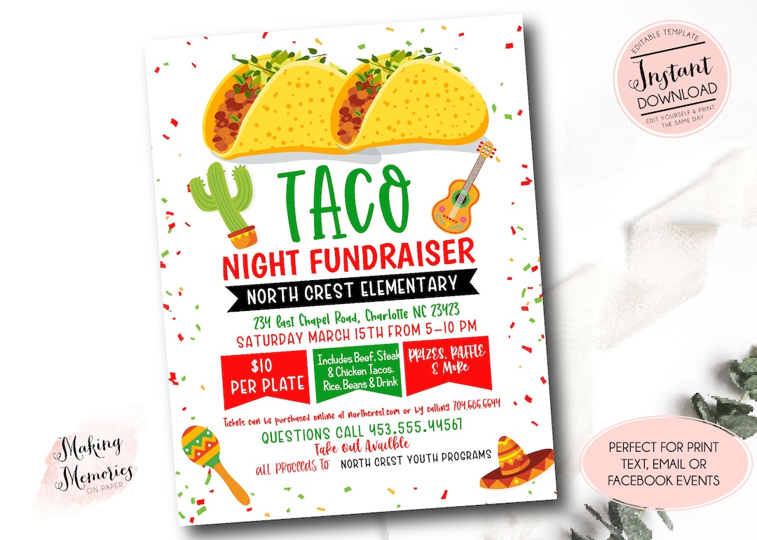 Taco Dinner Flyer, Editable Mexican Night Fundraiser Invite, Pto Pta ...