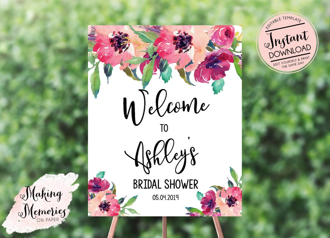 Welcome Sign, Bright Pink Welcome Sign, Editable Bridal Shower Welcome ...