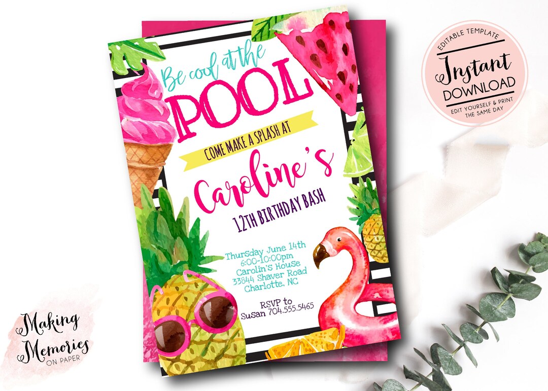 Pool Party Invitation, Tropical Pool Party, Birthday Invitation ...