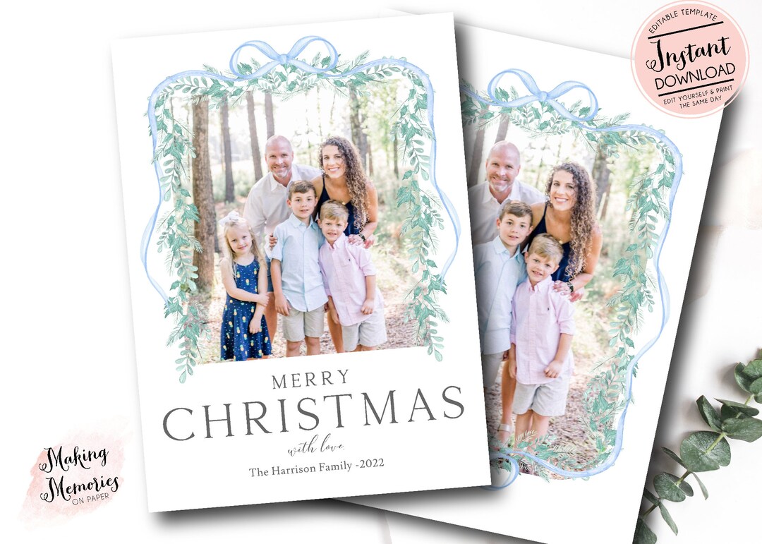 Blue Garland Photo Christmas Card, Grandmillenial Christmas Card, Photo ...