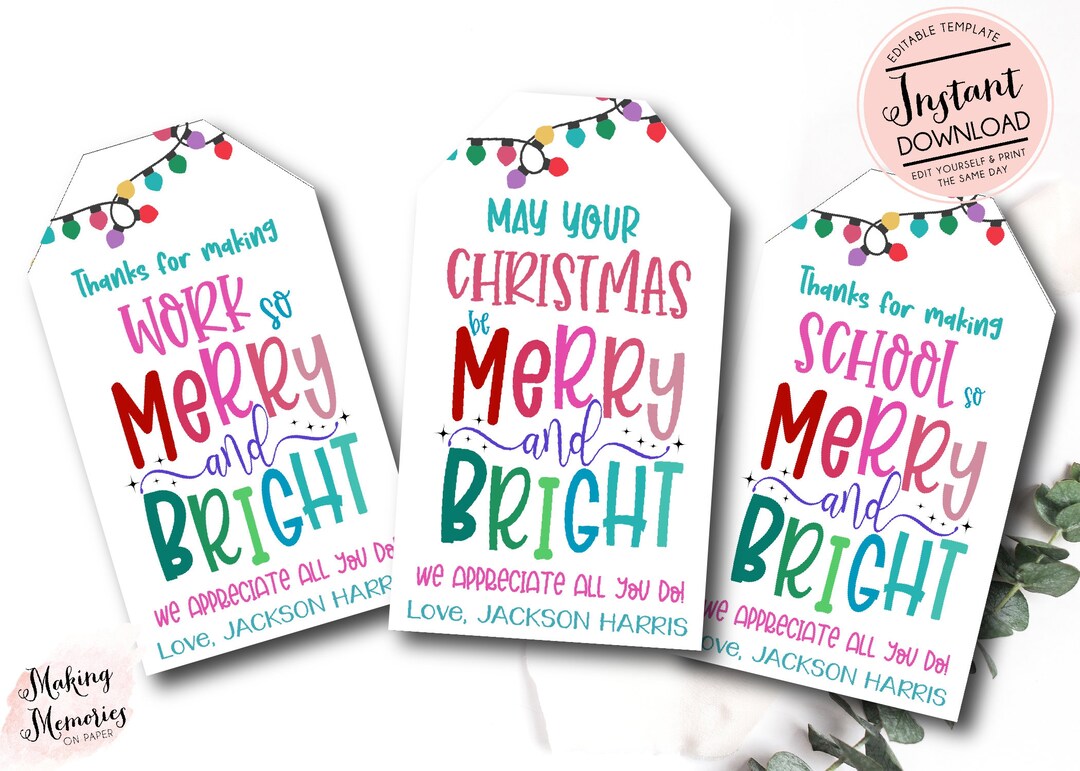Thanks for Making School Merry and Bright Gift Tag, Christmas Gift Tag ...
