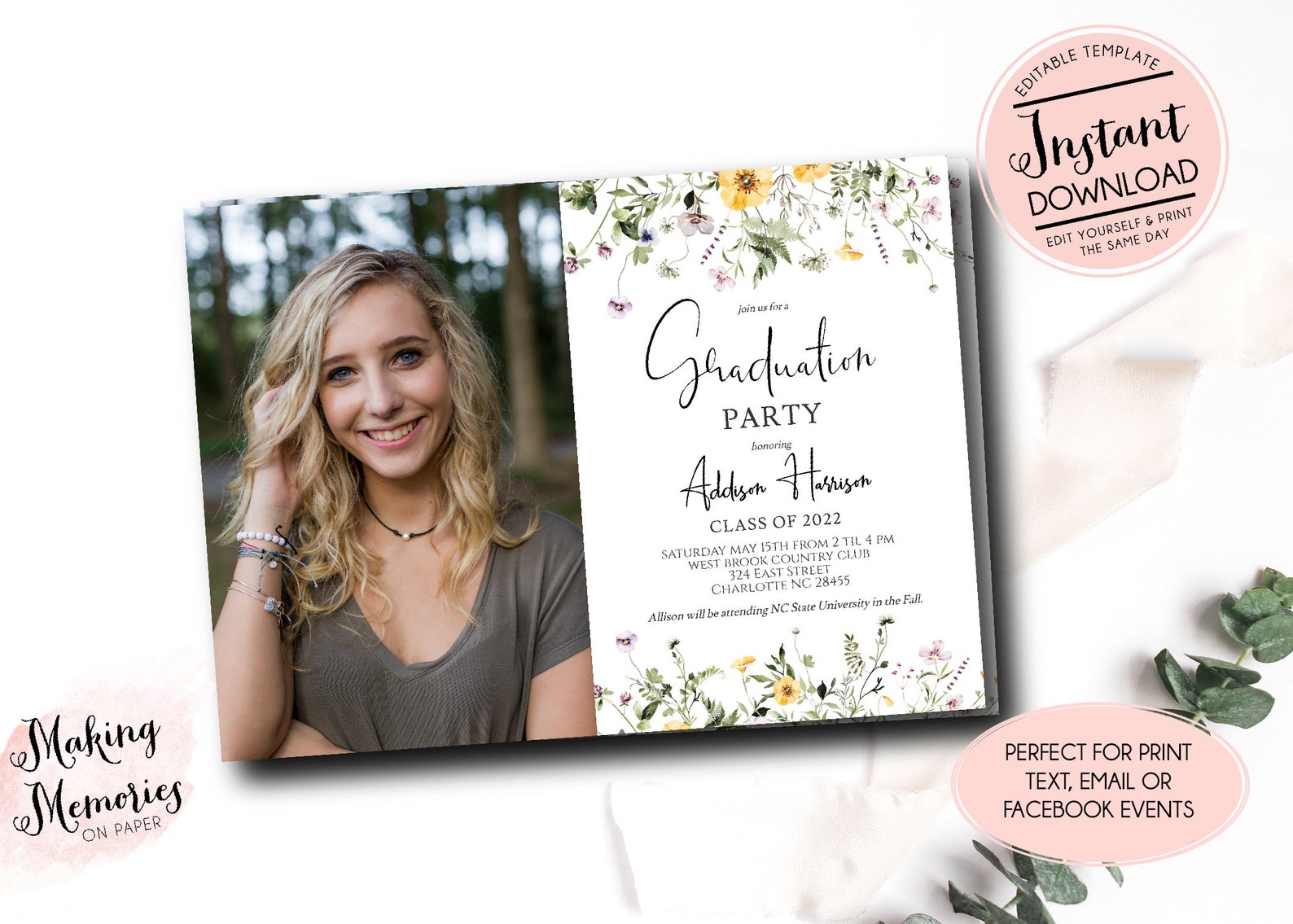 Graduation Party Invitation, Wildflower Graduation Announcement ...