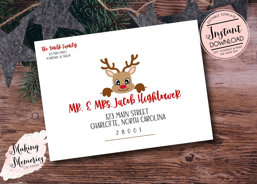 Editable Reindeer Christmas Envelope Template, Addressed Reindeer ...
