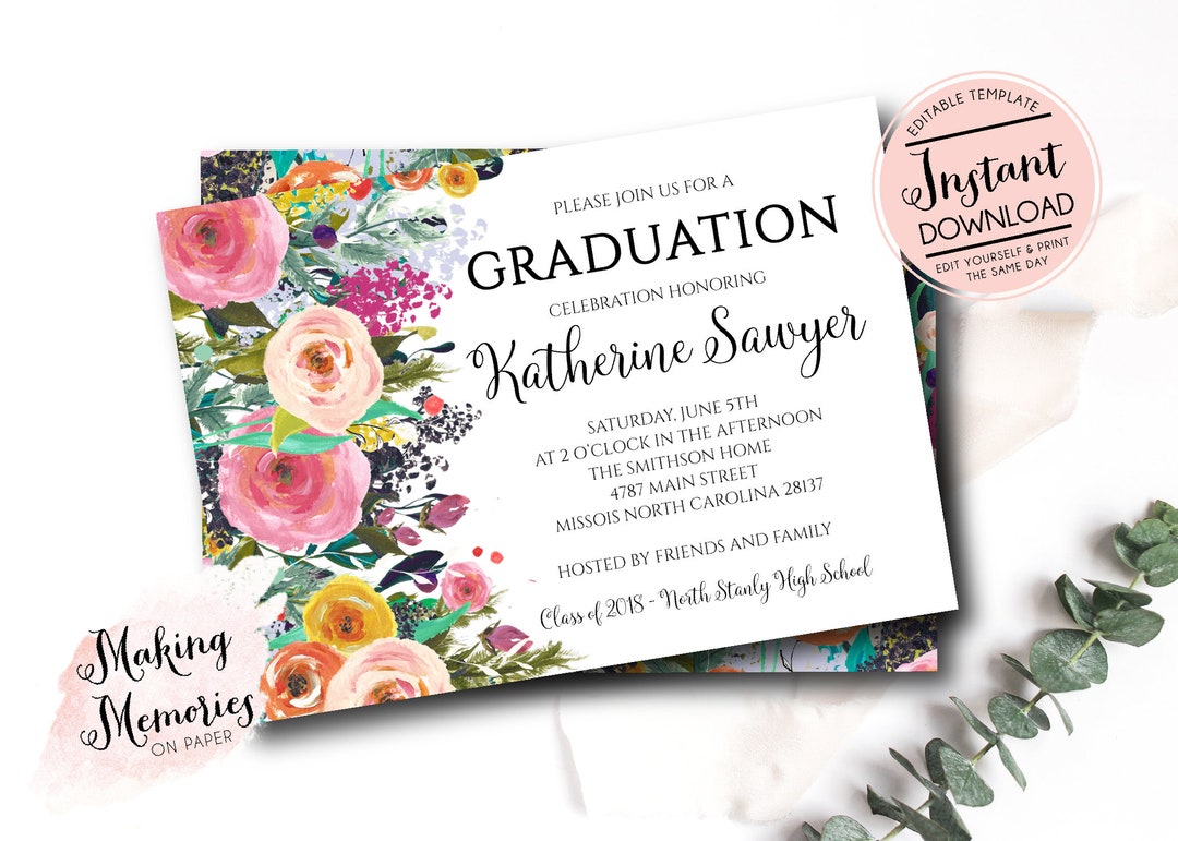 Floral Graduation Invitation, Instant Download, Editable Graduation ...