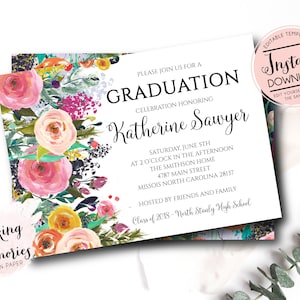 Floral Graduation Invitation, Instant Download, Editable Graduation ...